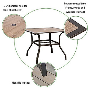 PATIO TREE Outdoor Dining Table, Steel Frame Wooden-Like Dining Table Patio Square Heavy-Duty Garden Table with Umbrella Hole