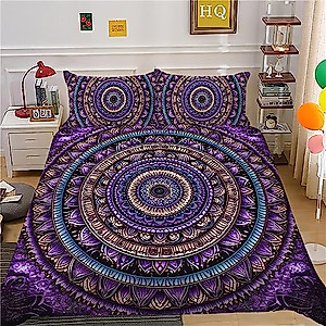 Purple Mandala Duvet Cover, Full Size Boho Chic Exotic Bedding Set, 4Pcs Girl Adult Mandala Flowers Comforter Cover, with 2 Pillow Shams 1 Bed Sheet, Bohemian Art Geometric Forms Pattern Duvet Cover