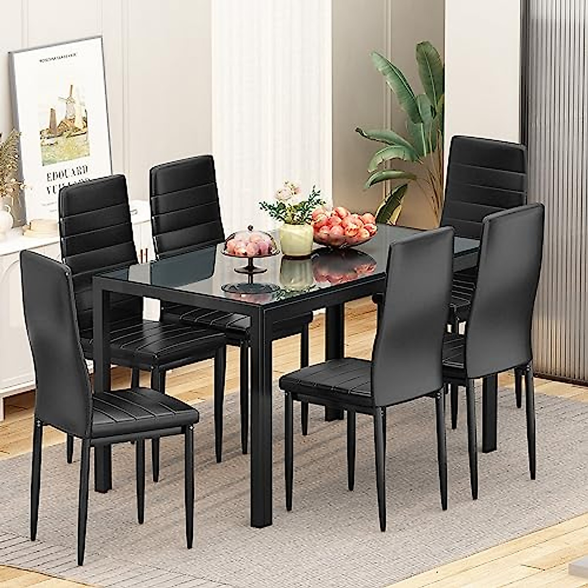 Recaceik Glass Dining Table Sets for 6, 7 Piece Kitchen Table and Chairs Set for 6 Person, Tempered Glass Table and PU Leather Chairs Modern Dining Room Sets for Small Dinette Apartment
