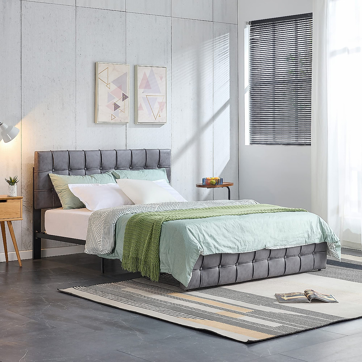 LAVHOME Size, Modern Upholstered Platform Adjustable Headboard, Heavy Duty Button Tech Cloth Bed Frame with Wood Slat Support, Easy Assembly, No Box Spring Needed (Grey, Queen (U.S. Standard)