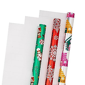 LeZakaa Christmas Metallic Foil Wrapping Paper - Mini Roll - Nutcracker/Snowflake/House Print for Gift Wrap, DIY Craft - 17 x 120 inches - 3 Rolls (42.5 sq.ft.ttl.)