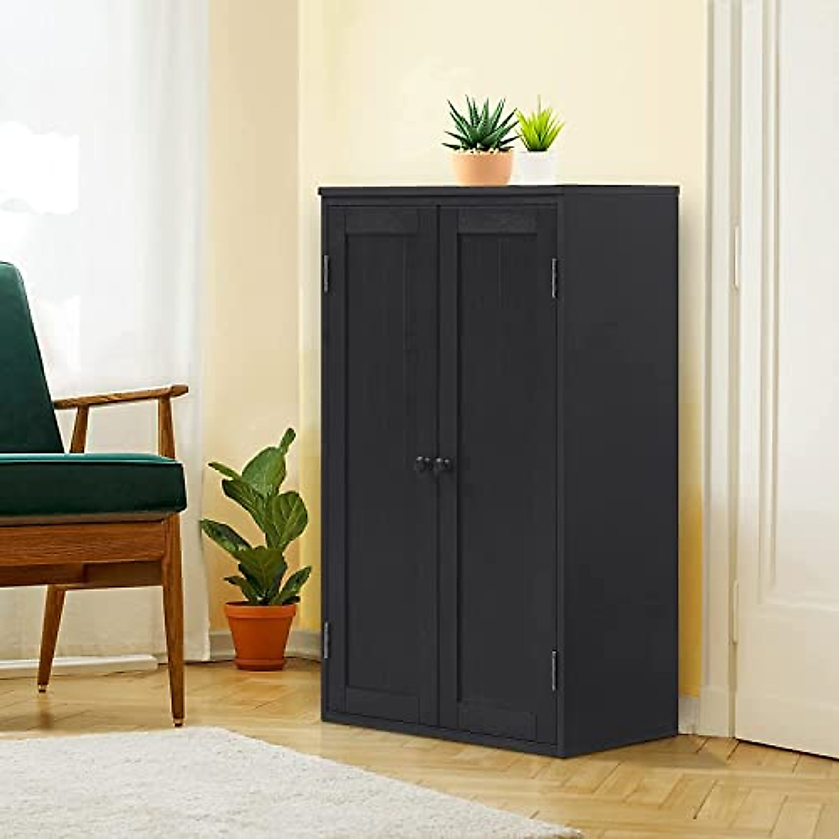 Printdraws Bathroom Floor Cabinet, Wooden Home Organizer for Living Room, Freestanding Storage Cabinet with Double Doors and Shelf, Modern Home Furniture, Bathroom Storage Cabinet (Black)