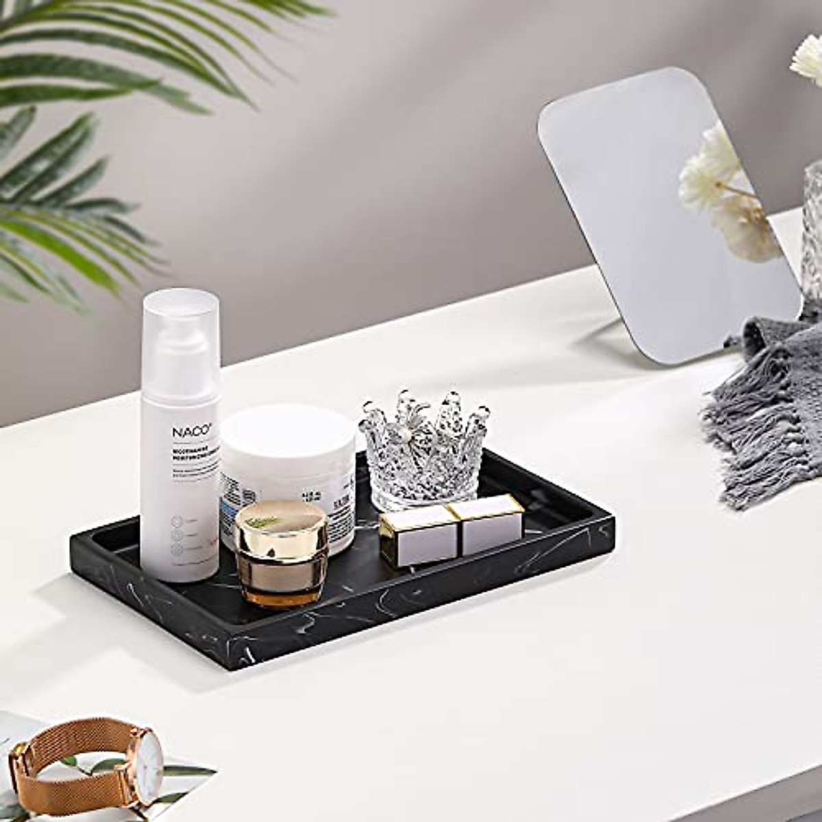 Luxspire Bathroom Vanity Tray, Resin Dresser Jewelry Ring Dish Tank Storage Kitchen Sink Countertop Organizer Plate Holder for Perfume Candles Soap Towel Plant Bathroom Accessories, M, Matte Ink Black