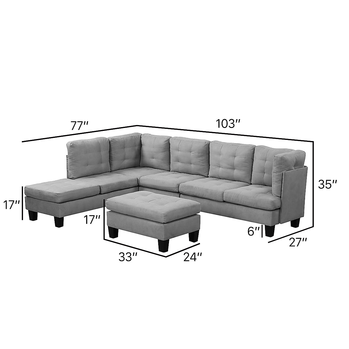Casa Andrea Milano Modern Sectional Sofa L Shaped Couch with Reversible Chaise & Ottoman, Large Living Room Furniture, Grey