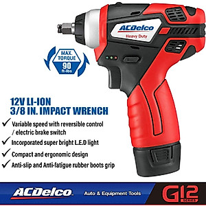 ACDelco 3/8 Power Impact Wrench 90ft-lbs LED Light Cordless Li-ion 12V Max Compact Tool, Kit with 2 Batteries, Charger, G12 Series ARI12104