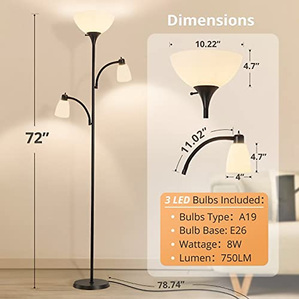 LEDIARY 72" Floor Lamp, Modern Torchiere Floor Lamp with 2 Adjustable Reading Lamp, 8W 3000K 750LM (3 Bulbs Included) Standing Lamp, Black Floor Lamps for Living Room, Bedroom, Office