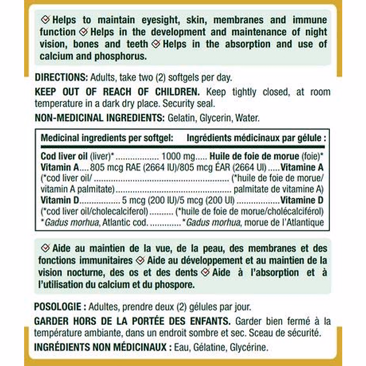 Nature's Bounty Cod Liver Oil with Vitamin A & D, 100 Capsules