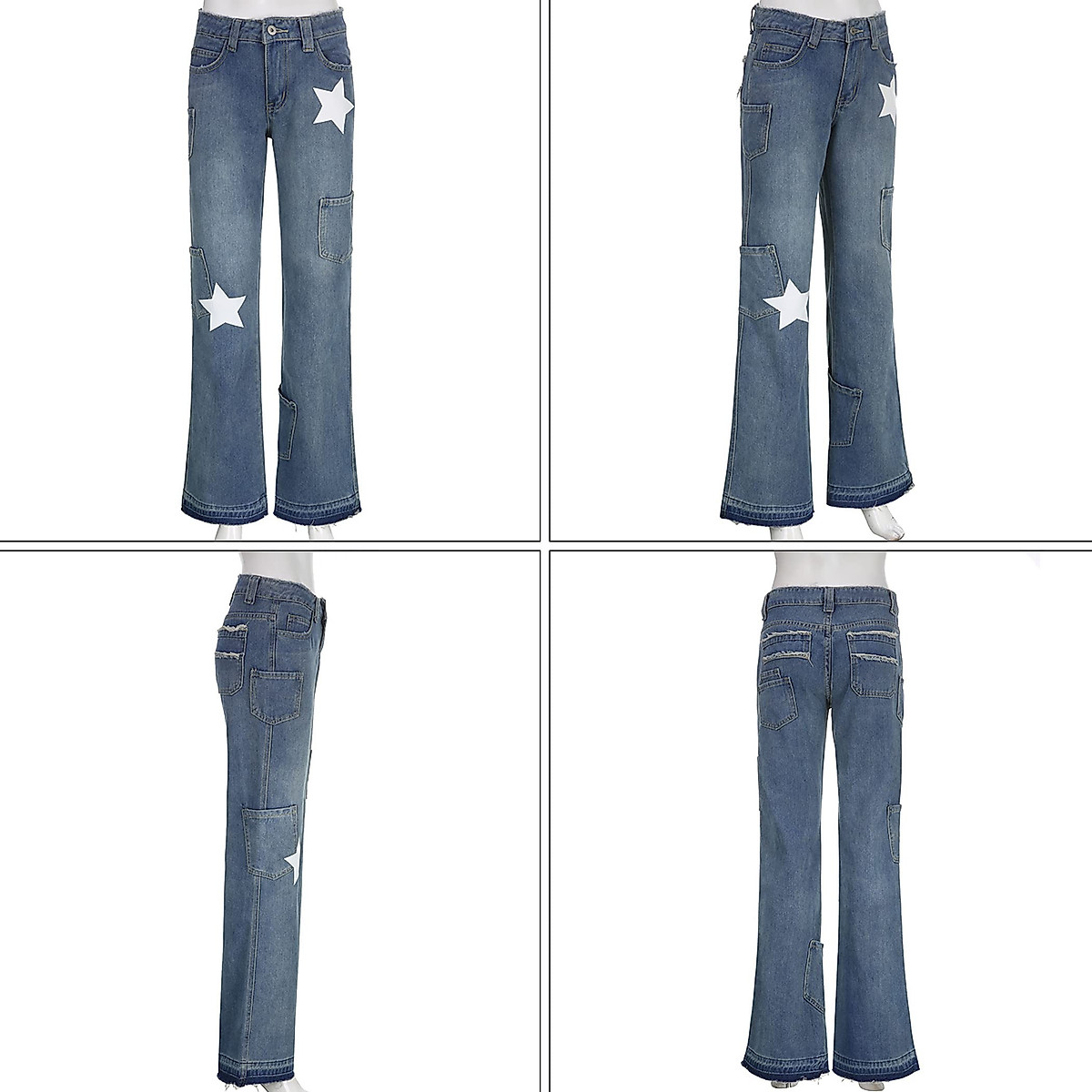 Sunidol Womens Star Jeans High Waist Baggy Cargo Jeans 90s Vintage Y2K Outfit Distressed Graphic Jeans Blue 3XL