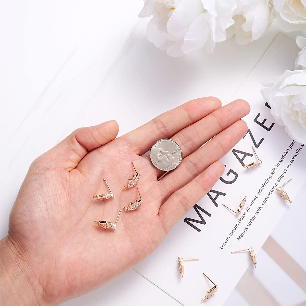 Fashewelry 10 Pairs Brass Cubic Zirconia Post Stud Earrings 18K Gold CZ Earring Findings Ear Piercing Plugs with Loop for Women Girls Dangle Earring Jewelry Making, Leaf