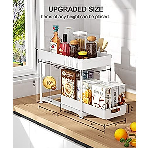 MERRYBOX 2 Pack Under Sink Organizers and Storage, Sliding Under Bathroom Cabinet Organizer, 2 Tier Kitchen Under Sink Organizer Pull Out Drawer with 8 Hooks, 2 Hanging Cups, 8 Non-Slip Feet, White