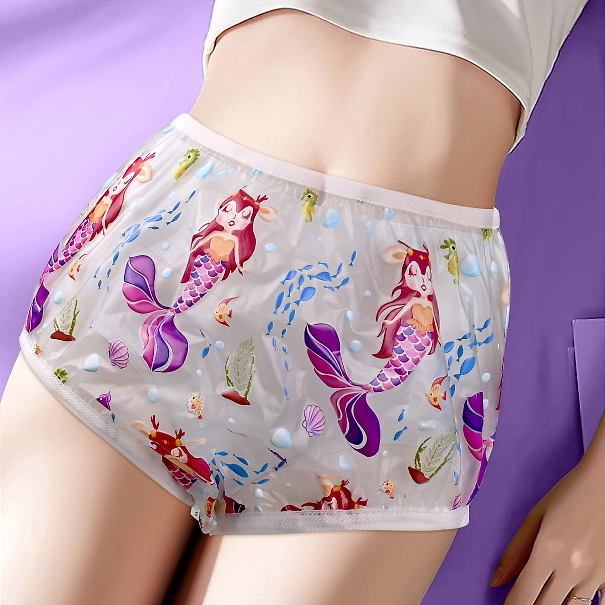 Aimisin Adult Baby Plastic Cute Pattern Print Pants Adult Incontinence PVC Diaper Cover 1 Piece (Purple-3D-Mermaids Under The sea, Medium)