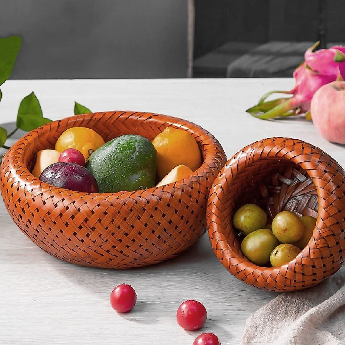 CIYODO 1pc Container Serving Wood Dining Handwoven Kitchen Bread Baskets Dishes Bowl Wooden Sundries Farmhouse Wicker for Bathroom Fruit Decorative Decoration Retro Household Xxcm