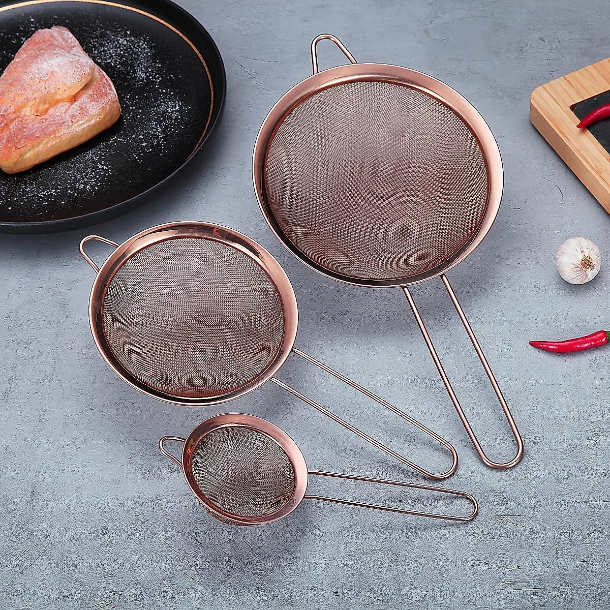 Copper Fine Mesh Strainer 3 Pieces Set, Rose Gold Flour Sifter For Baking, Stainless Steel Clander, Copper Matcha Tea Strainer, Gravy Separator, Stasher Sieve Pasta Strainers