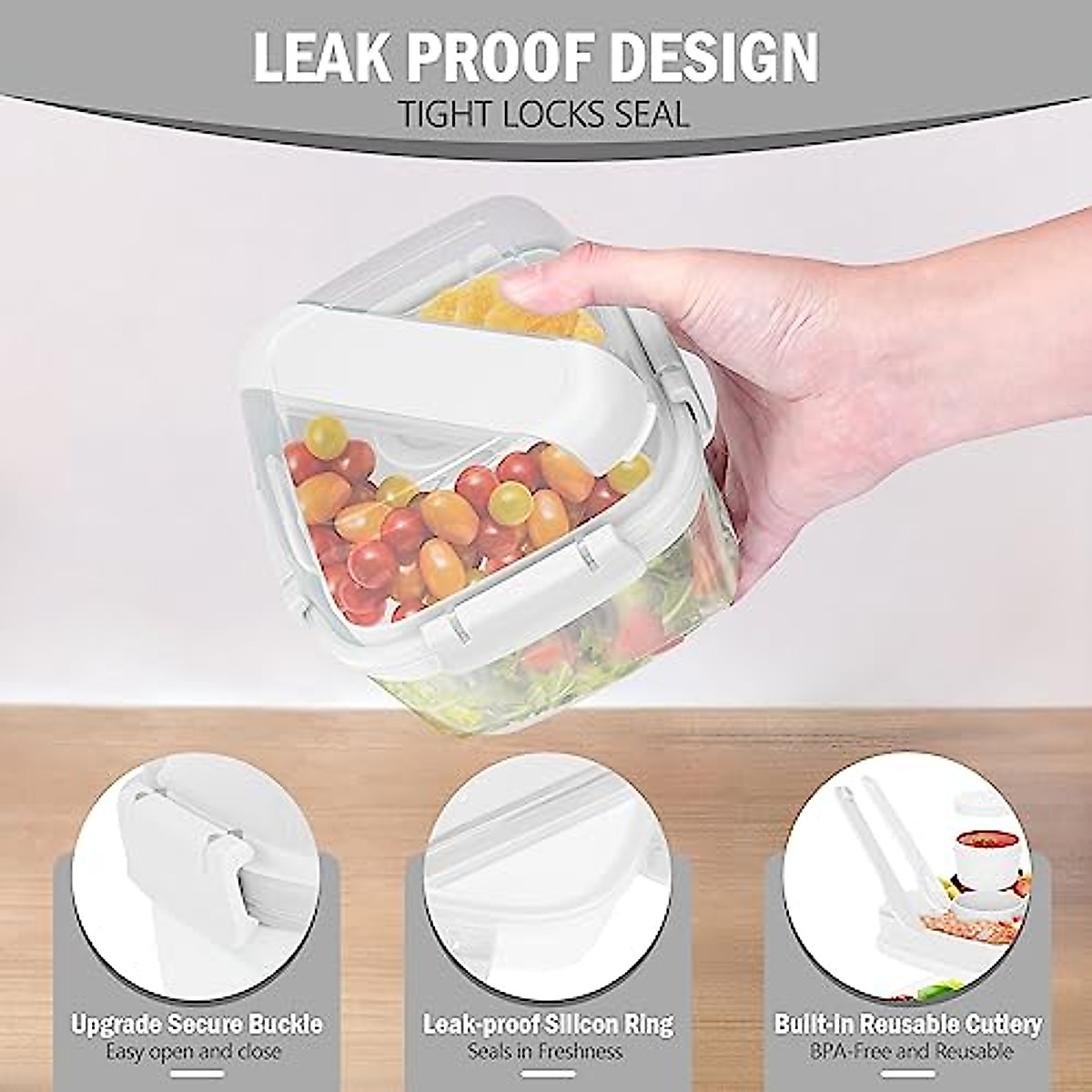 Triiter 55-oz Salad Lunch Box, White, BPA-Free, Leak-Proof, Convenient Compartments, Safe and Stylish