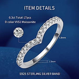 Kolmnurk Moissanite Wedding Band Half Eternity Rings for Women 0.3ct Lab Created Diamond Engagement Ring Sterling Silver V Shape Curved Moissanite Stacking Ring size 5-17