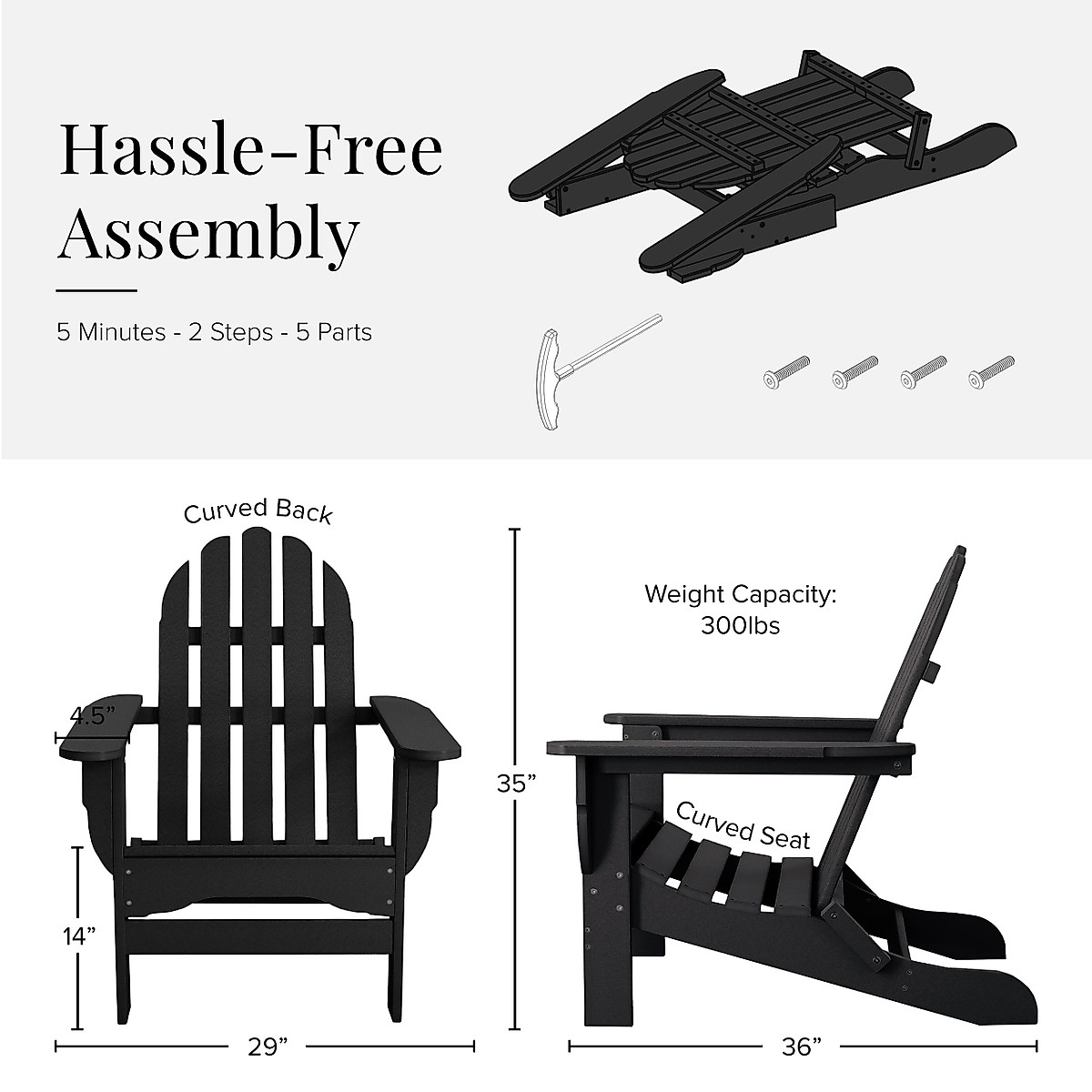 DuroGreen Adirondack Chairs Made with All-Weather Tangentwood, Set of 2, Oversized, High End Classic Patio Furniture for Porch, Lawn, Deck, or Fire Pit, No Maintenance, USA Made, Black