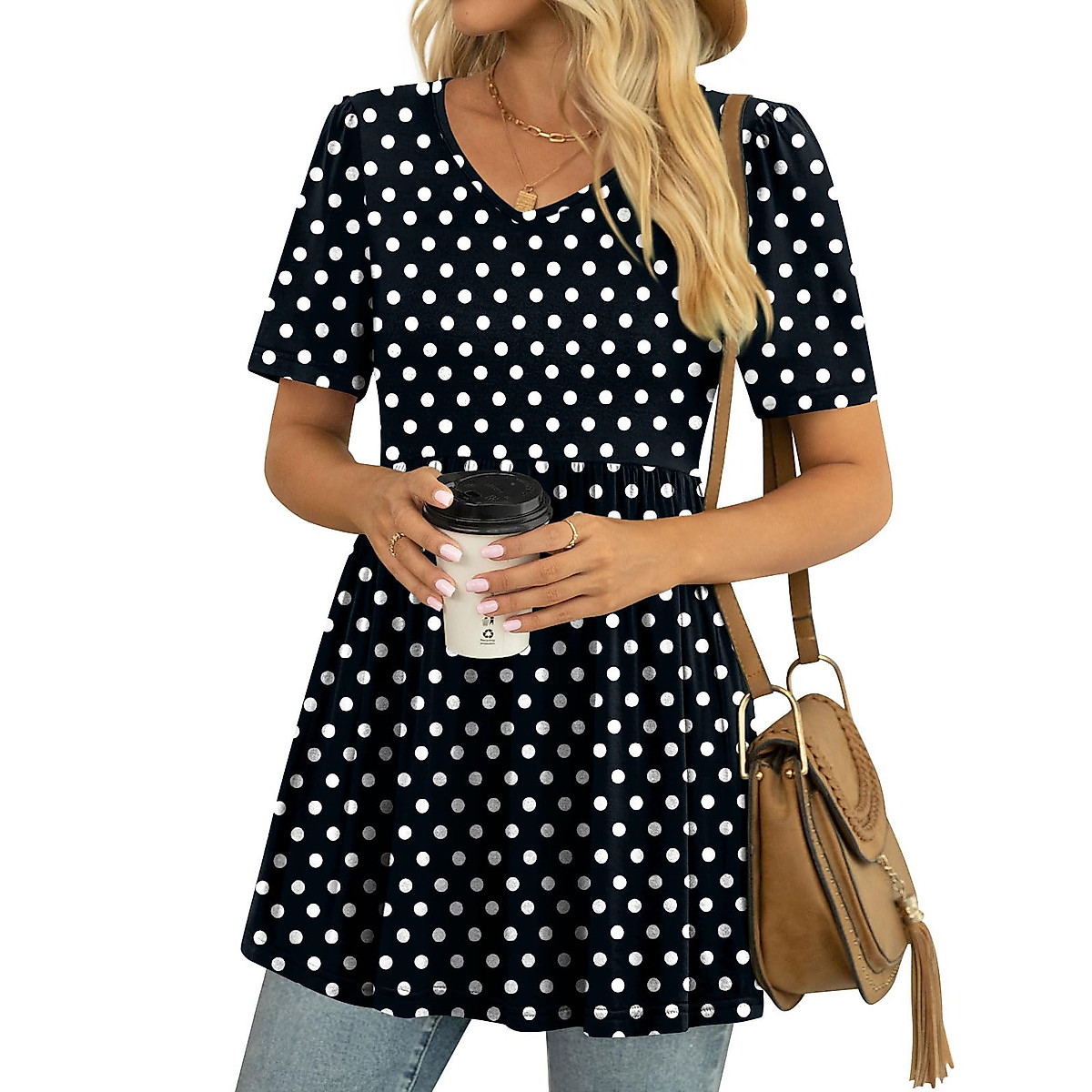 YVH Women's Summer Tunics Babydoll Tops Casual Short Sleeve Long Peplum Blouse Shirts, Polka dot black, XL