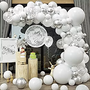 White Silver Balloon Garland Arch Kit,106pcs Balloons Set Included White Metallic Silver Clear and Confetti Balloons Decorations For Birthday Wedding Bridal Shower Baby Shower Bachelorette Party Decor (White Silver)