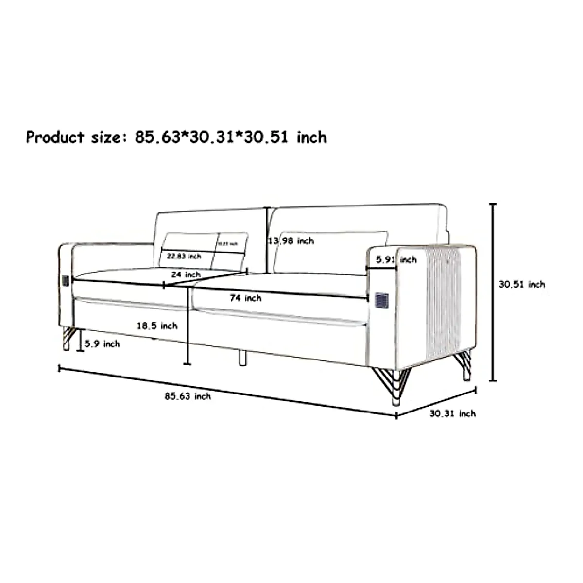 TUBAIHON 85" Black Velvet Couch Living Room Sofa for 3 People Modern Sofa with Gold Metal Lges & Firm Frame for Bedroom/Office