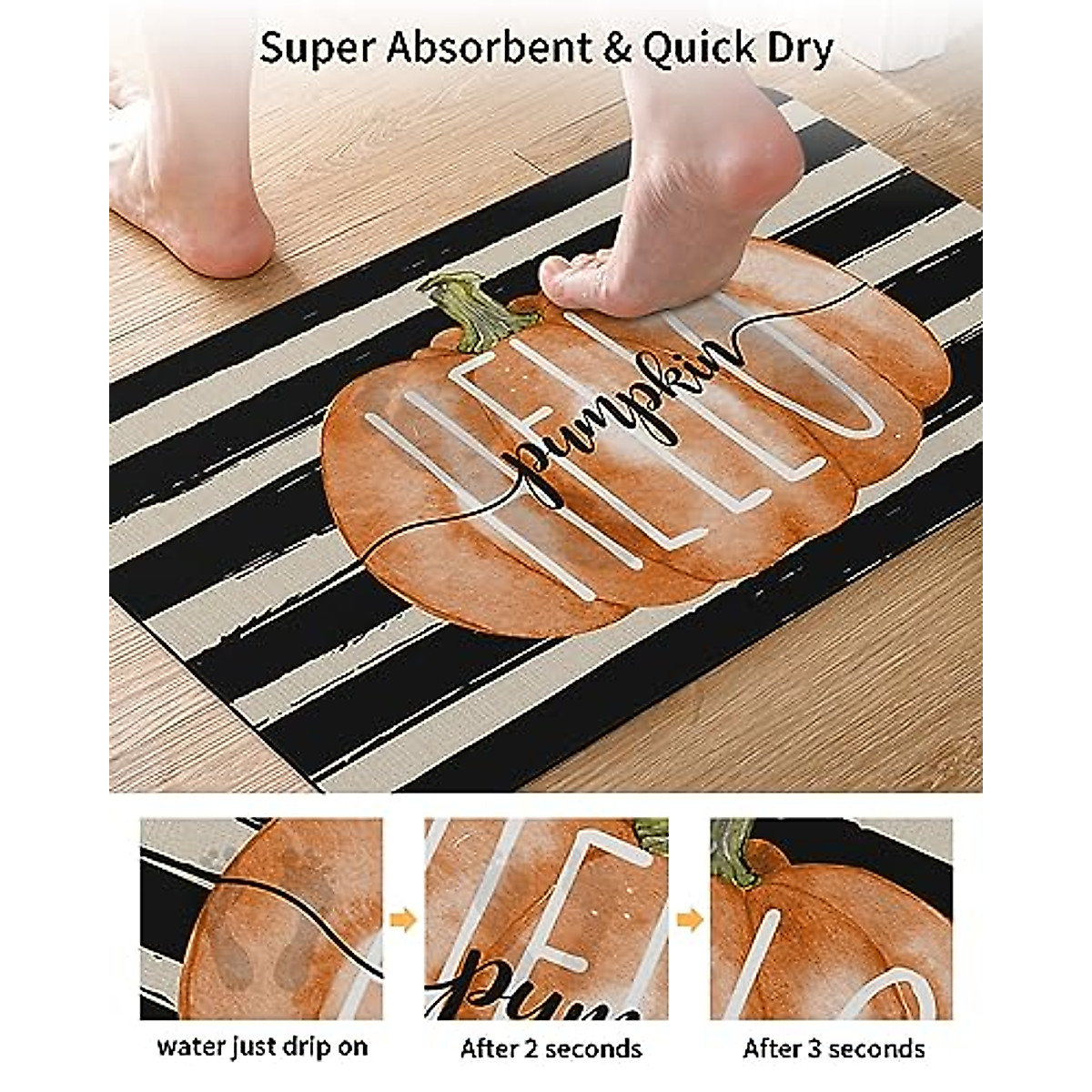 Stripes Pumpkins Bath Mat for Tub,Non Slip Bathroom Floor Runner Rug Quick Dry & Absorbent Diatomaceous Earth Kitchen Room Shower Sink Washable Doormat,Thanksgiving Fall Black White Geometry 16"x24"