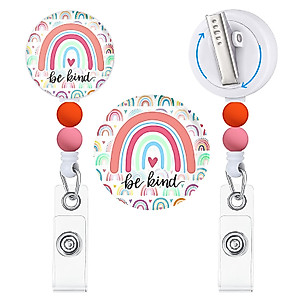 Einzelnn Be Kind Rainbow Badge Reels Retractable with Silicone Beaded Beads, Heavy Duty ID Name Tag Badge Clips Keychain for RN Nurses Nursing Teacher Office Work Business Women Gifts