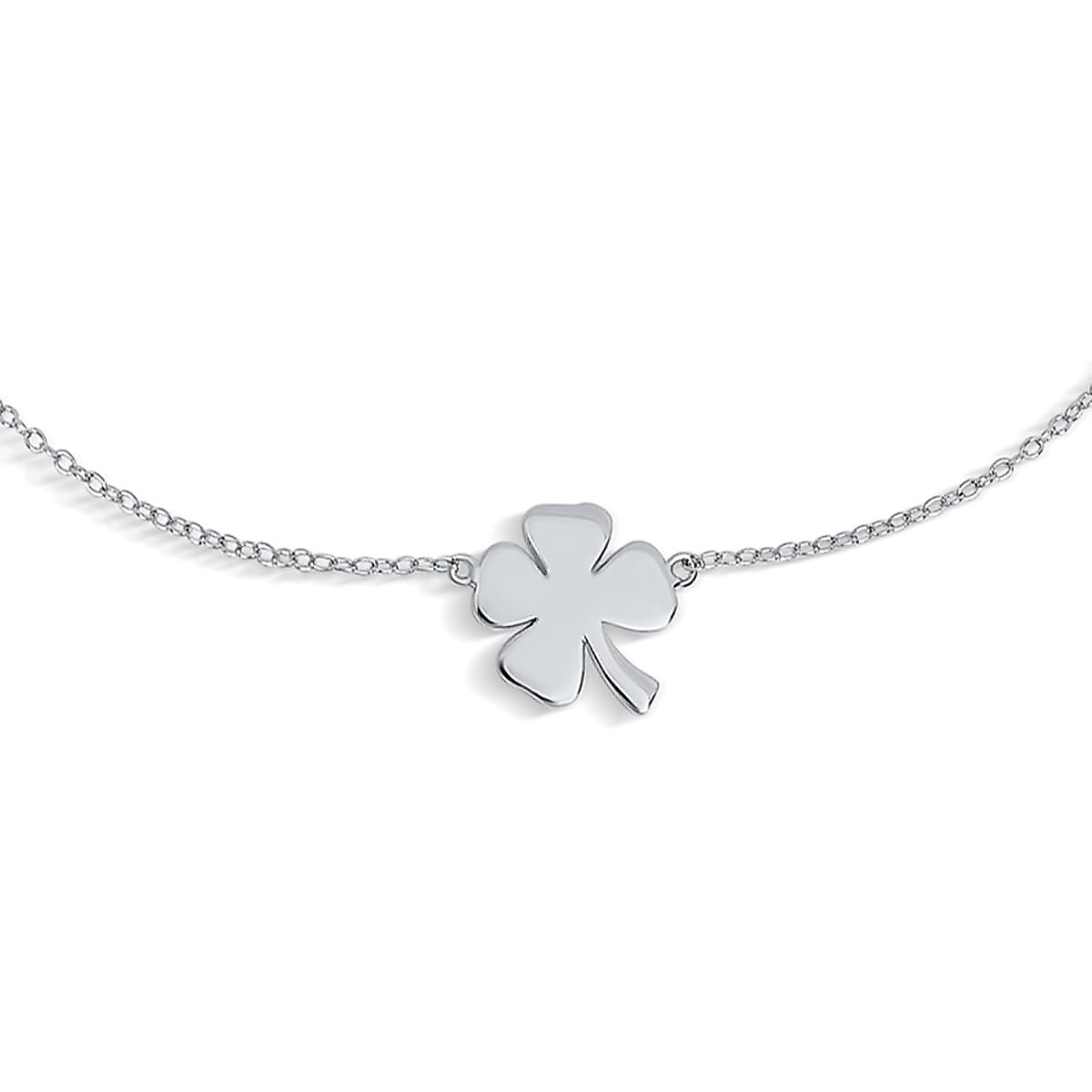 Four Leaf Shamrock Flower Anklet Lucky Charm Clover Ankle Bracelet For Women Teens Curb Link .925 Sterling Silver 9 To 10 Inch With Extender Adjustable