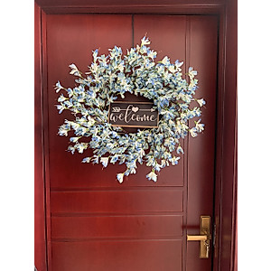 Blue Forsythia Door Wreath Summer Front Door Wreath 24Inch Blue Cream Cluster Wreath on Farmhouse Grapevine Wreath Blossom Cluster for Festival Celebration Front Door Wall Window Christmas Home Décor