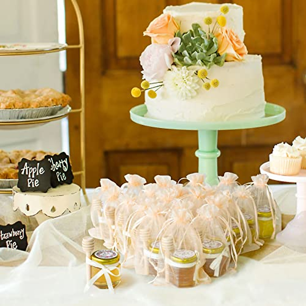 ComSaf Mini Honey Jars with Dipper 1.5oz - 40 Pack, Small Honey Glass Jar with Gold Lid, Tiny Hexagon Honey Jar in Bulk for Baby Shower, Wedding and Party Favors