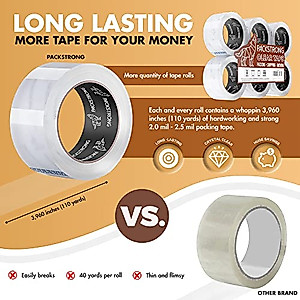 Packstrong Industrial Grade Clear Packing Tape (6 Rolls) - 110 Yards per Roll - 3" Wide x 2.0 mil Thick, Acrylic Adhesive Heavy Duty Tape for Box Office Moving Packaging Shipping