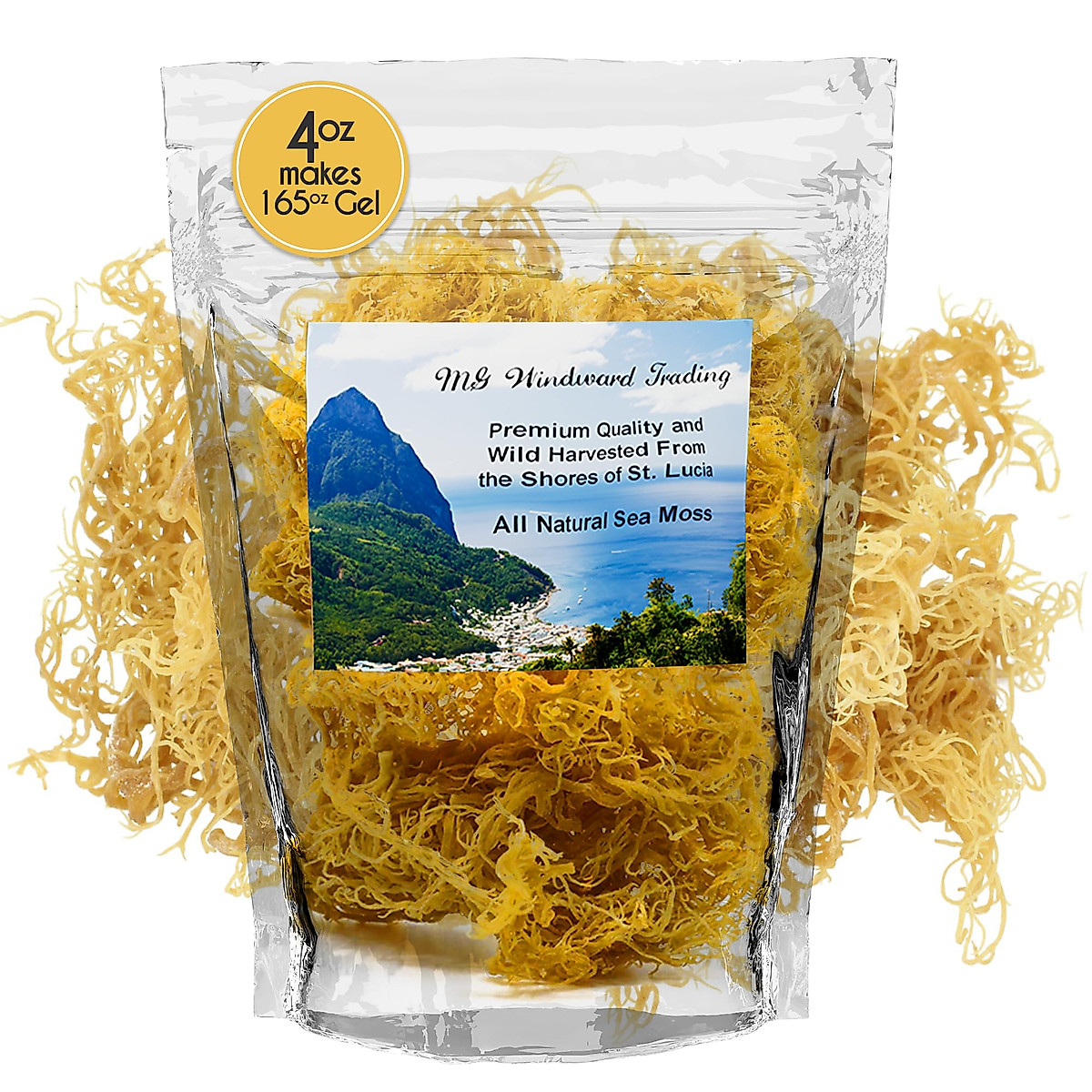Certified Wild Harvested Gold Irish raw Sea Moss from St.Lucia,Makes 165 oz gel, Dr.Sebi Grade,Wild Harvested Powerful Antioxidants,Vitamins,Minerals and Nutrients All Natural,4 Ounce (Pack of 1)