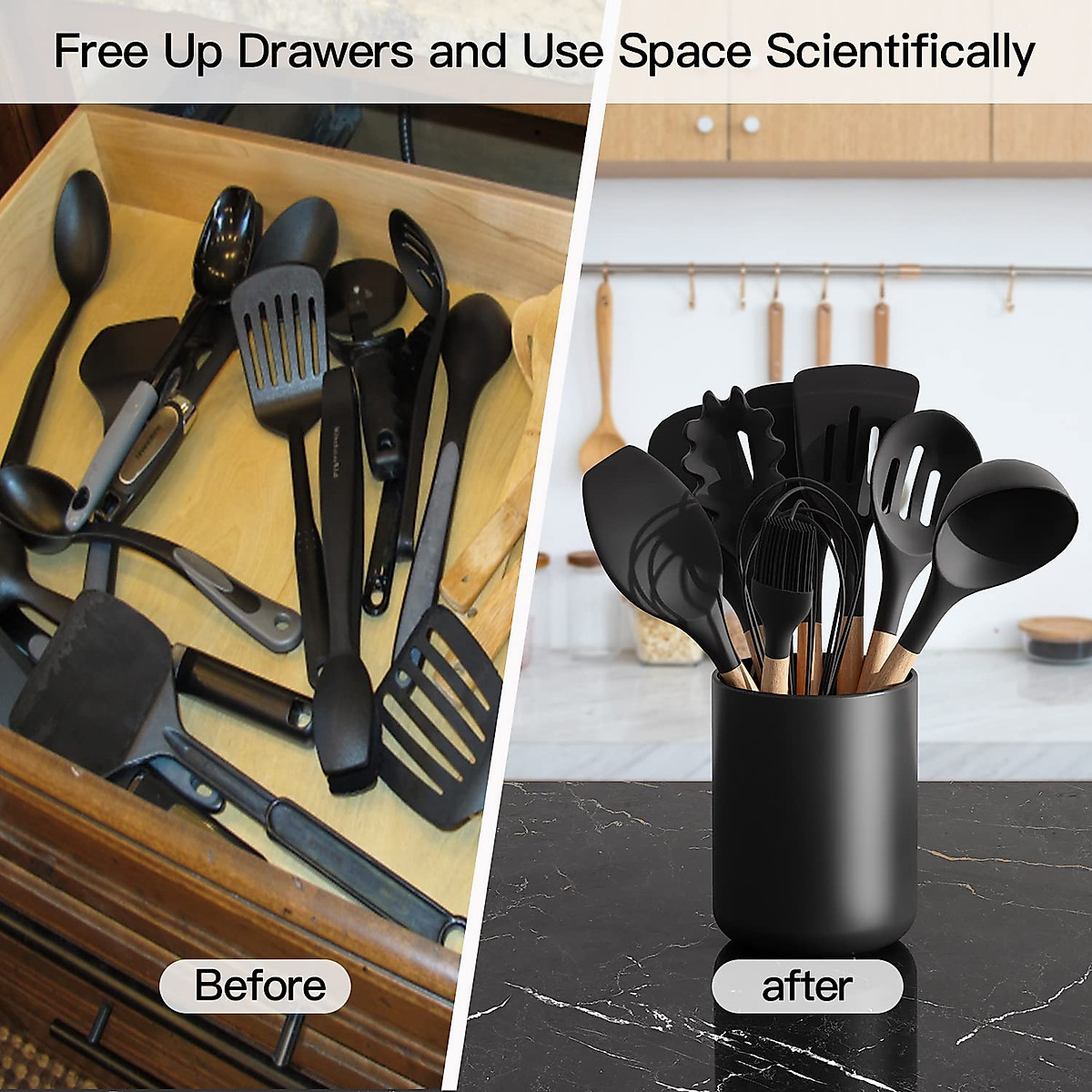 Kitchen Utensil Holder for Countertop, Black Ceramic Kitchen Utensils Crock for Counter Organizer, Matte Spatula Holder for Cooking Storage 4.4 * 6.2 IN