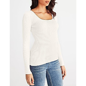 MEROKEETY Women's 2024 Square Neck Long Sleeve T Shirts Slim Fitted Ribbed Knit Casual Tee Tops, White, S