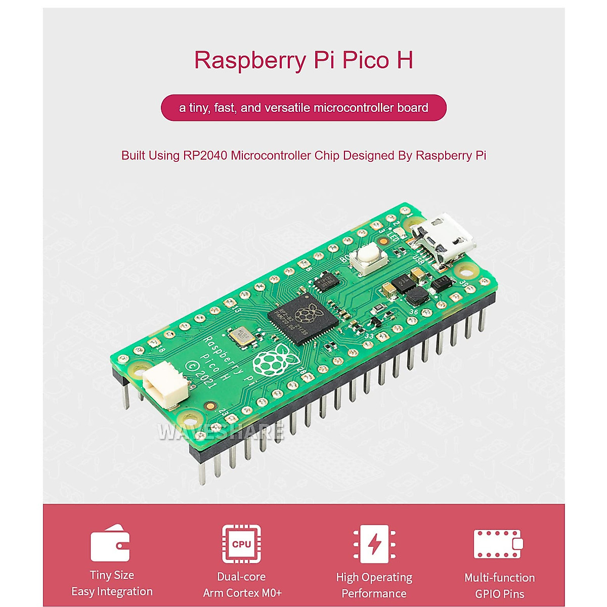 Coolwell Raspberry Pi Pico H Microcontroller Tiny Size Fast Board, Based On Official RP2040 Dual-Core Arm Cortex Processor,Configurable Pin Function