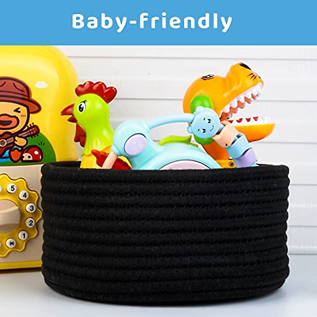Hispqser 2pack Black Woven Baskets, Natural Small Cotton Rope Storage Cute Round Decorative for Toys Decorative Hamper for Nursery Round Thicken Kids Baskets Key Bowl 7.48 * 7.48 * 3.54 inches