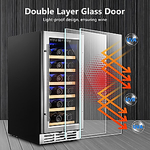 15 Inch Wine Cooler Refrigerator, 30 Bottle Wine Fridge with Removable Shelves, Wine Fridge Under Counter for Built-In or Freestanding, Wine Refrigerator with Double-Layer Glass Door, for Home, Office