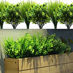 16 Pieces Outdoor Artificial Fake Plants, UV Resistant Artificial Greenery Shrubs Stems, 8 Artificial Boxwood and 8 Plastic Wheat Grass for Indoor Outdoor Home Porch Window Box Garden Decoration