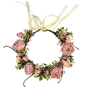 DreamLily Girls Camellias Flower Crown Birthday Photo Pops Hair Wreath Wedding Festival Floral Headpiece XM11 (A-Blush)