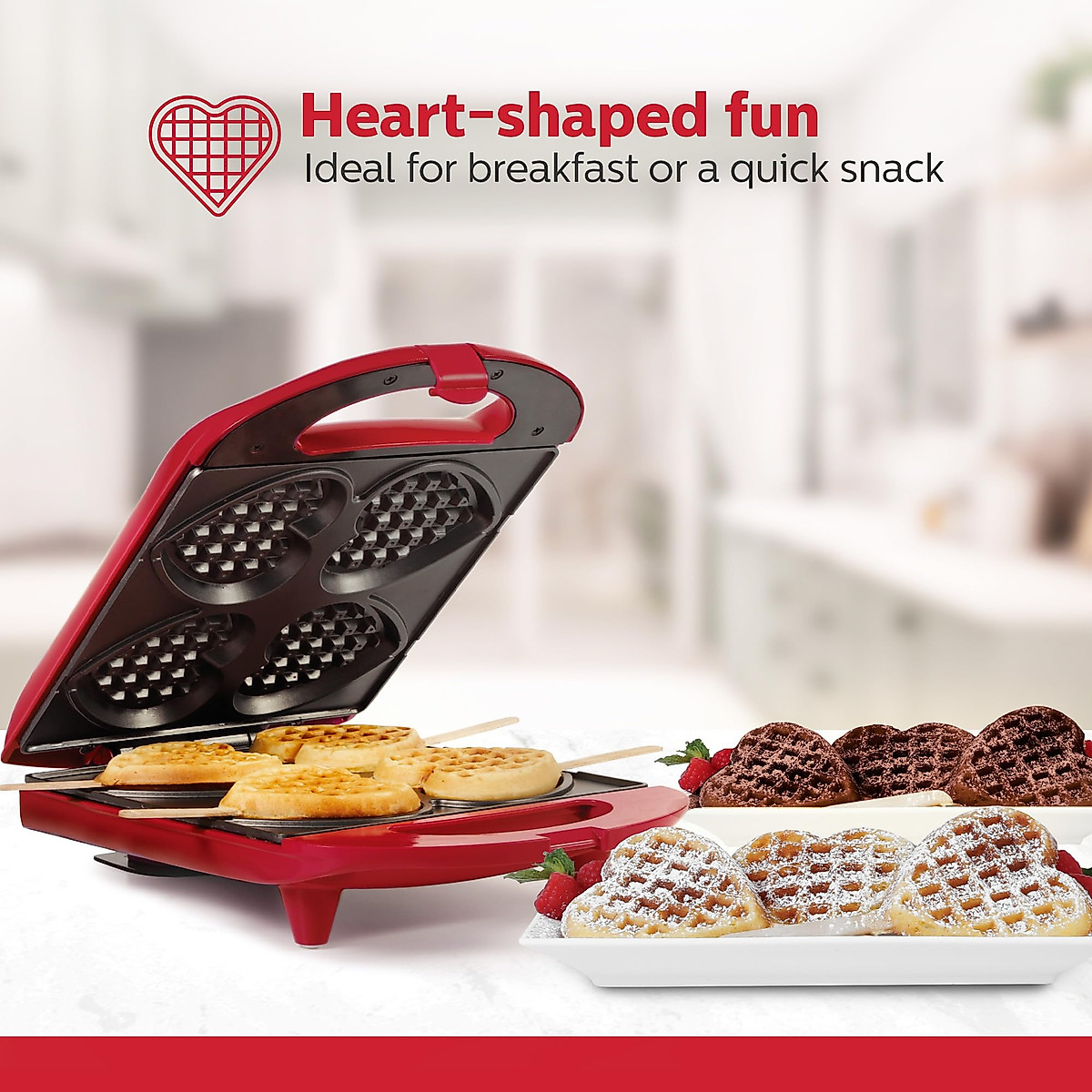 Holstein Housewares - Non-Stick Heart Waffle Maker, Red - Makes 4 Heart-Shaped Waffles in Minutes