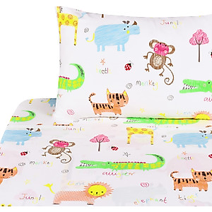 J-pinno Planet Spaceship Rocket Alien Cartoon Cozy Twin 100% Cotton 3 Pieces Sheet Set Bedroom Decoration Gift for Kids Boys Children Flat Sheet + Fitted Sheet + Pillowcase Bedding Set