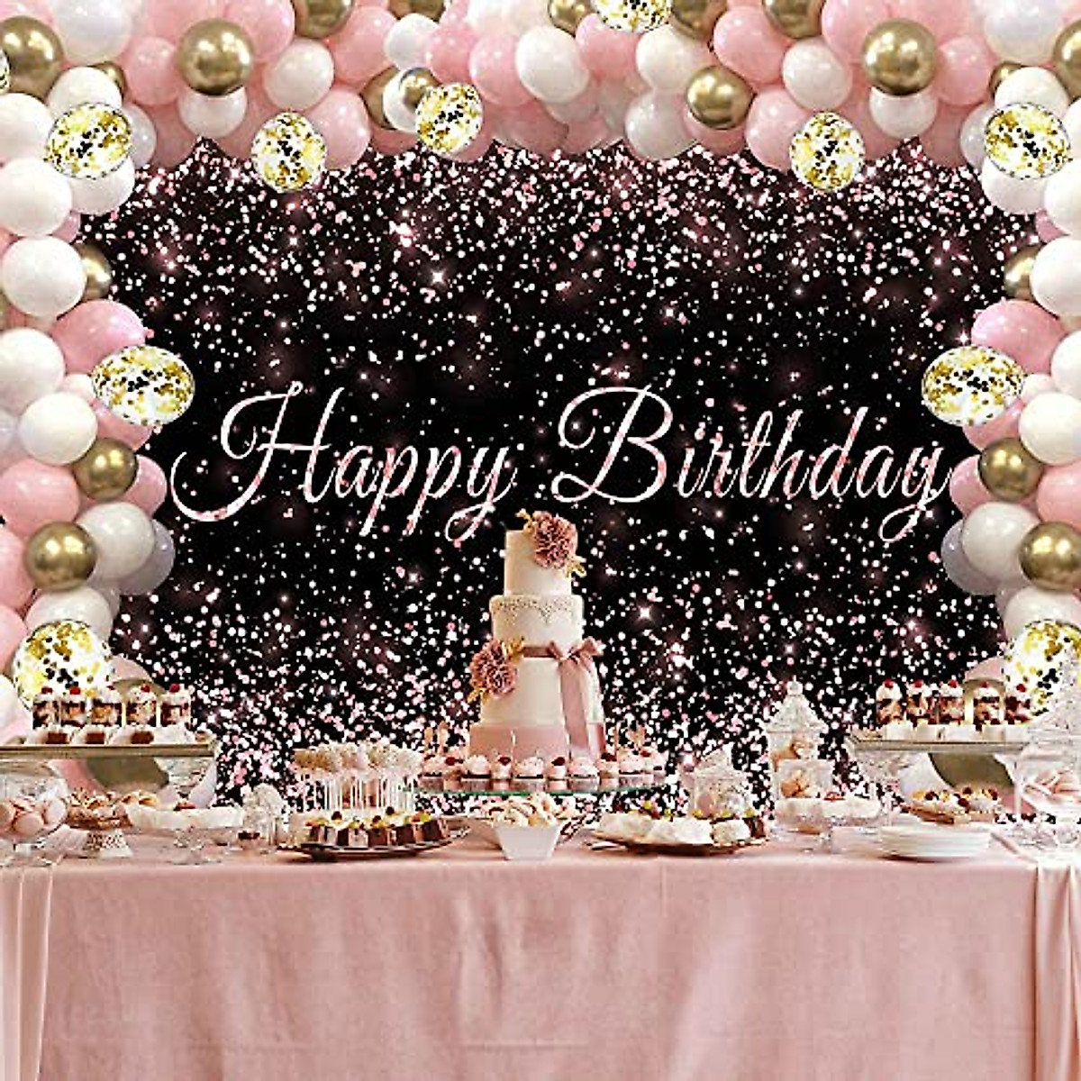 Haboke 7x5ft Durable Fabric Happy Birthday Backdrop Pink and Black Shiny Gold dot Glamour Sparkle Sweet Photography Background for Kids Adults Birthday Party Decorations Supplies Photo Studio Props …