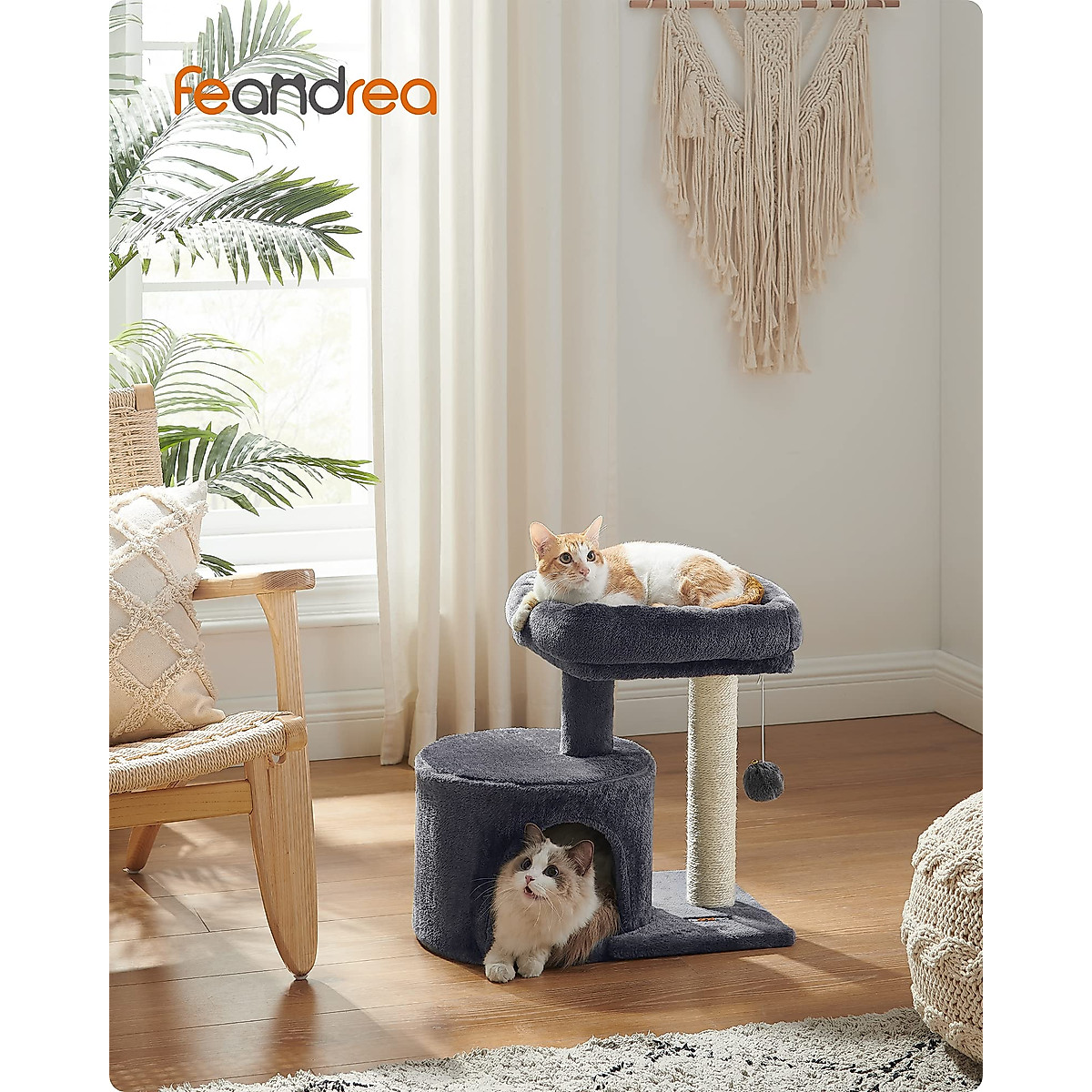 Feandrea Cat Tree, Cat Tower with Sisal-Covered Scratching Post, Cat Condo with Padded Perch, for Small Spaces, Kittens, Smoky Gray UPCT50G