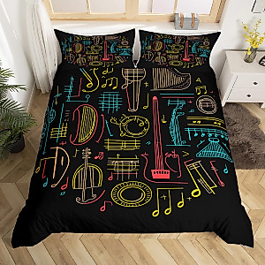 Erosebridal Musical Instruments Duvet Cover Drum Kit Bedding Set Twin Size,Saxophone Cello Comforter Cover Set for Kids Child Boys Girls,Colorful Music Theme Bedroom Decor Black