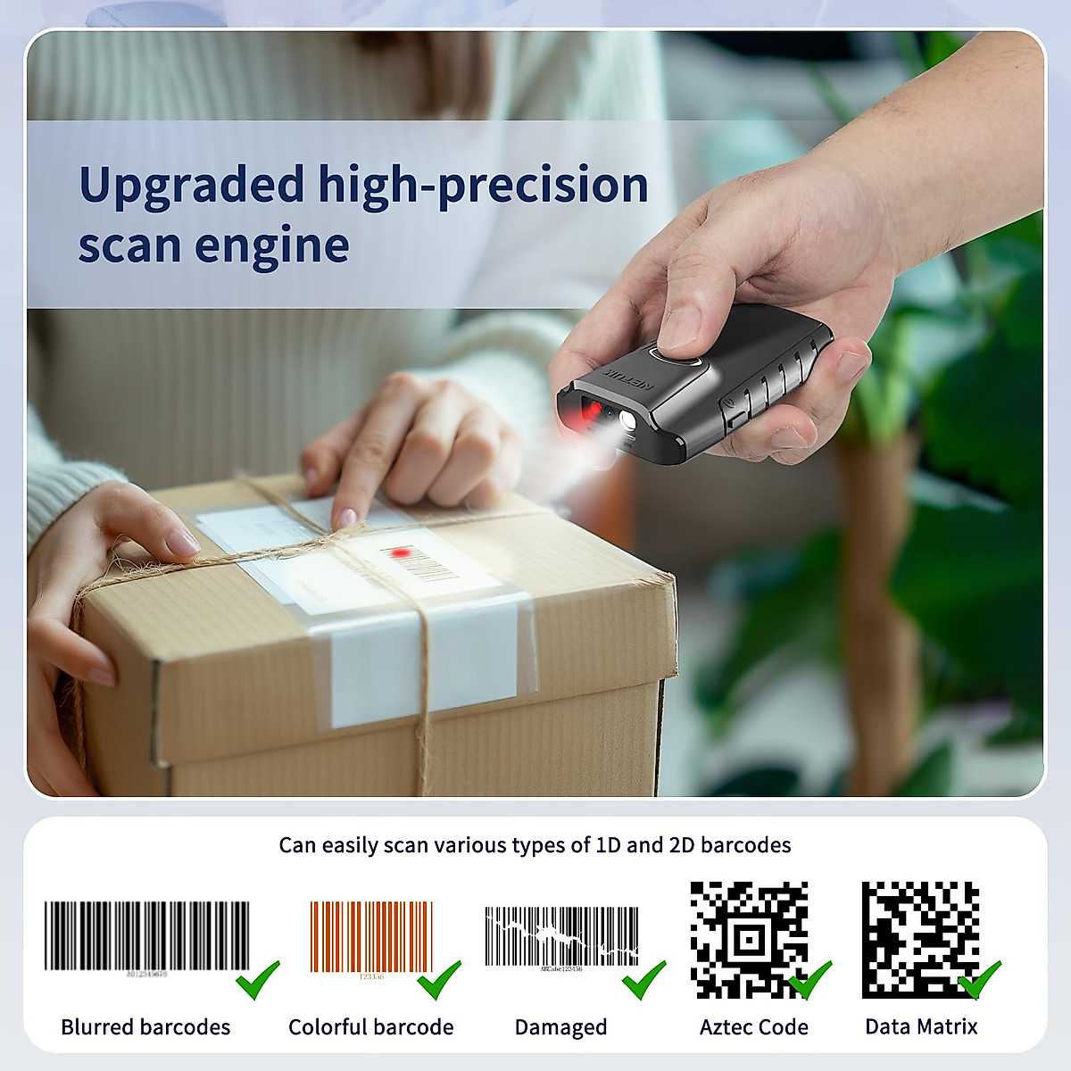 NETUM Bluetooth 2D Barcode Scanner, 3-in-1 Small Portable QR Bar Code Reader Automatic Wireless Gun Scan Back Clip Work with Tablet iOS Android Windows MacOS for Warehouse Inventory POS - E800