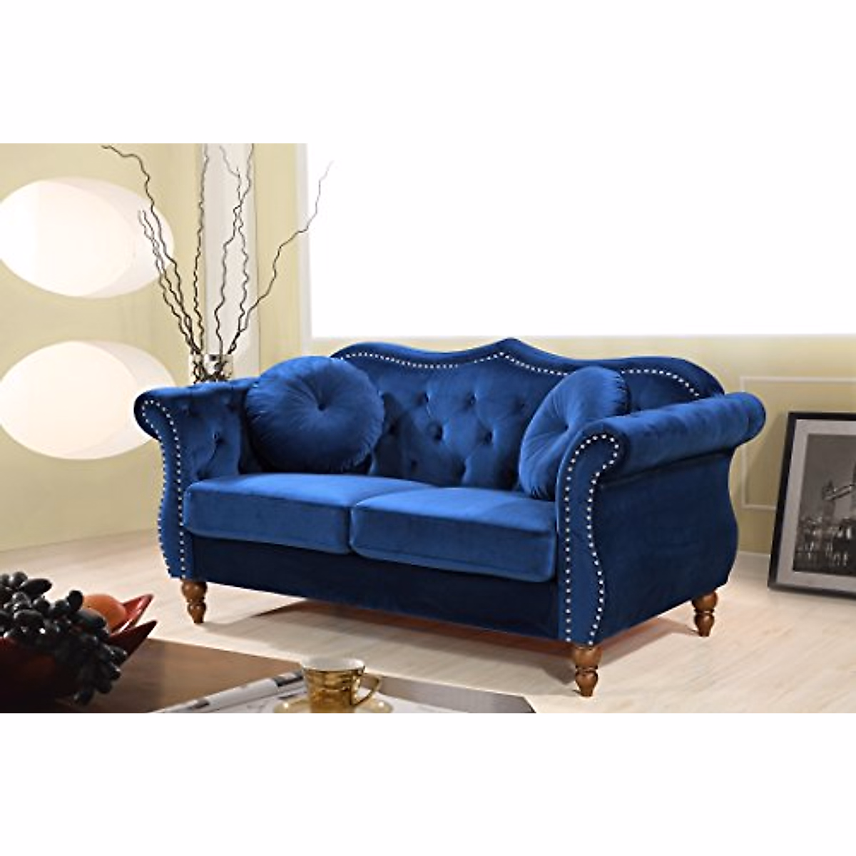 Container Furniture Direct Anna1 Velvet Upholstered Classic Nailhead Chesterfield Living Room, Sofa & Loveseat, Blue Mist