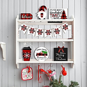 Jetec 12 Pcs Christmas Tier Tray Decoration Christmas Signs Tier Tray Decor Mini Christmas Decoration for Xmas Decoration Home House Farmhouse Party Christmas Decoration (Plaid)