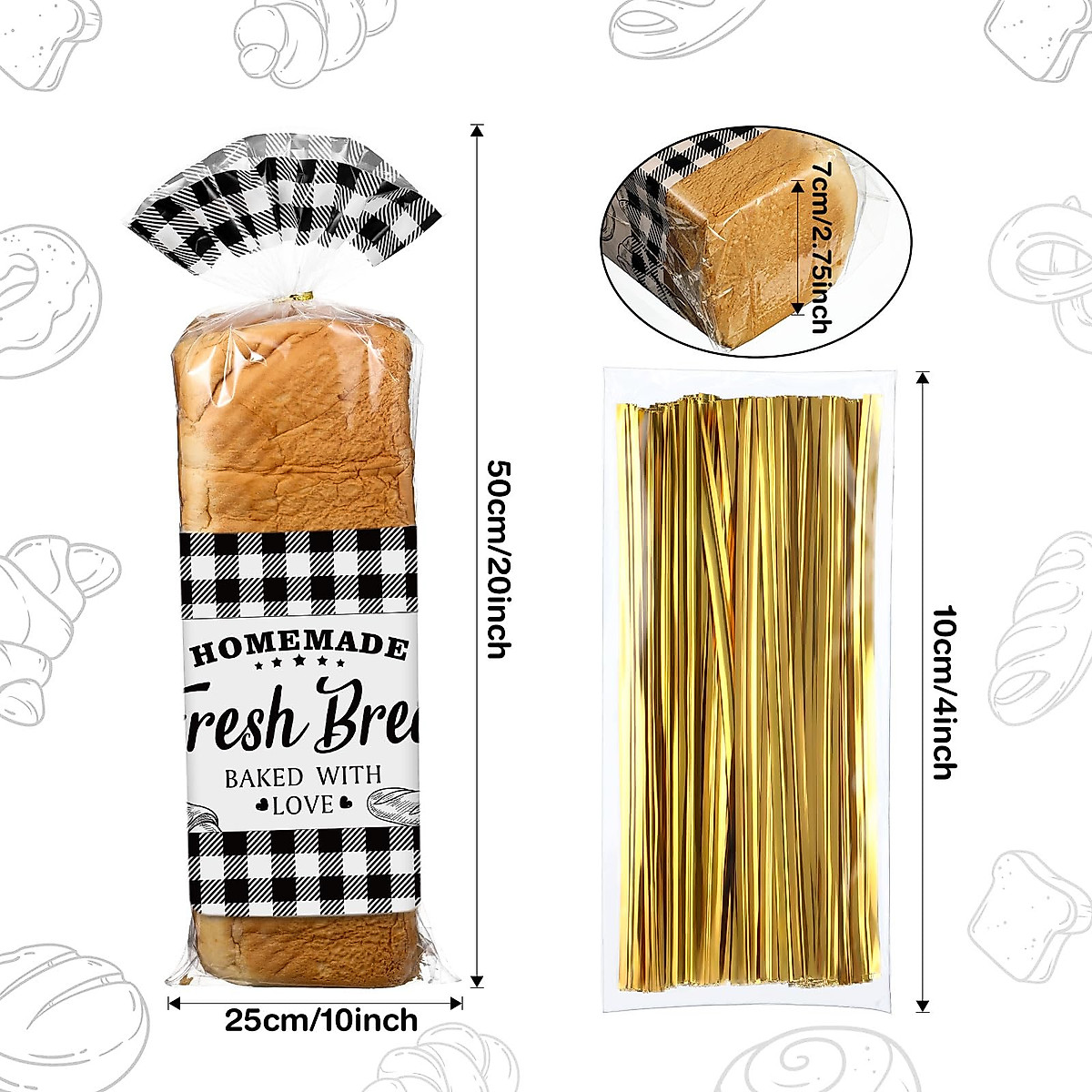 Containlol 100 Pack Bread Bags for Homemade Bread, Christmas Clear Plastic Bags with 100 Twist Ties, Black Buffalo Plaid Design for Rolls, Cookies, Home Bakers, and Bakeries