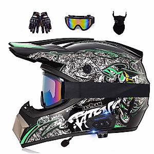Youth & Kids Motocross Offroad Street Bluetooth Helmet, Mountain Bike ATV Helmet+Goggles+Gloves+Mask, Dirt Bike Downhill Off-Road MTB MX Full Helmets, DOT Certified -B-L