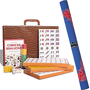 GUSTARIA Chinese Mahjong Set, with X-Large 144 Numbered Melamine Yellow Tiles, 2 Spare Tiles, 6 Dice and a Wind Indicator, Carrying Travel Case with English Instruction, Mahjong Mat (Blue)