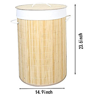 Bamboo Round Clothes Laundry Hamper with Lid 2 Removable Liner Bags,Handwoven Bamboo Laundry Basket with Easy Carry Handles,Large Clothes Basket for Clothes,Bedroom, Toys in Bathroom, Beige