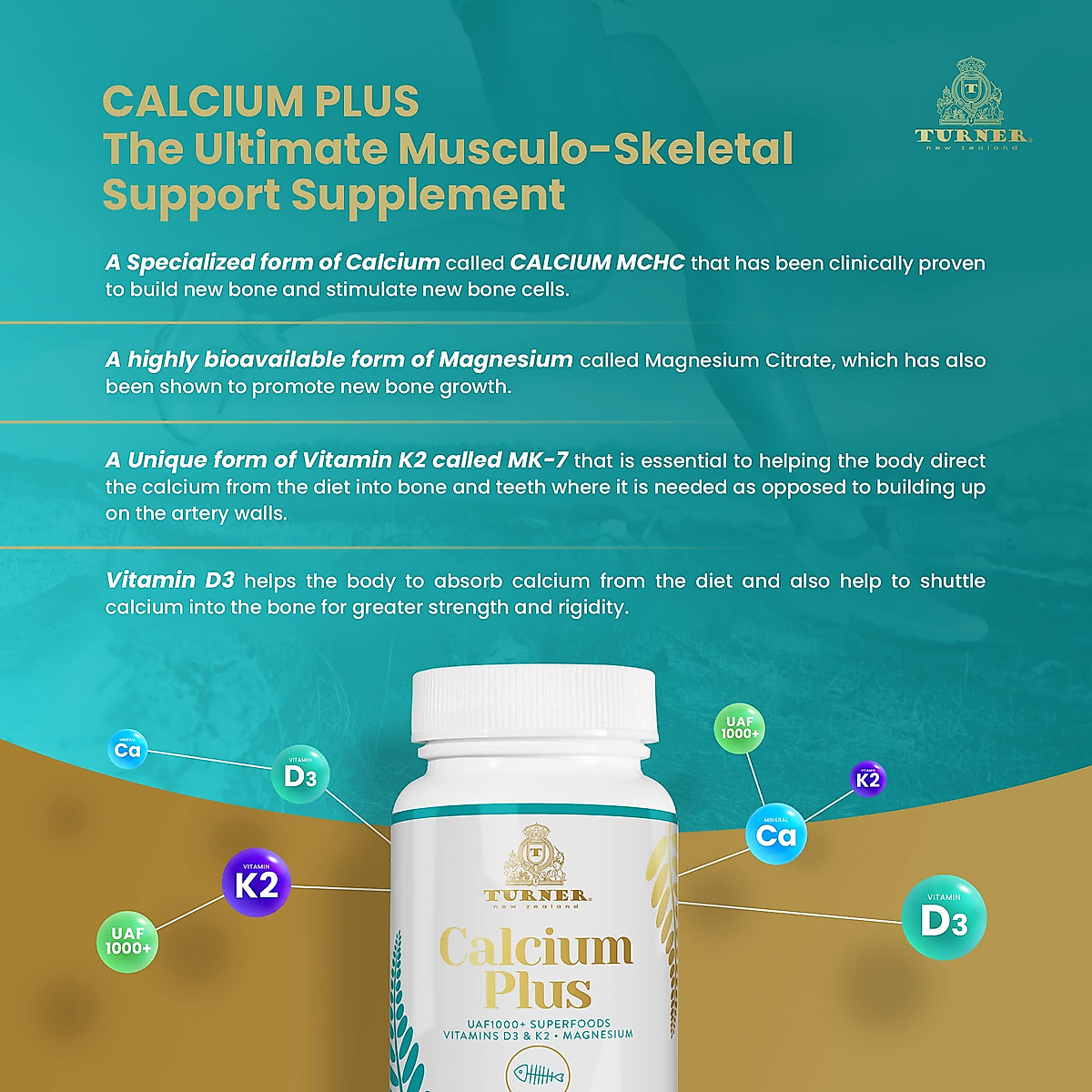TURNER Calcium Plus, All-Natural Marine Calcium Supplement, with UAF1000+ Super Antioxidant, Magnesium + Vitamins K2 & D3, Supports Bone Density & Joint Health, 6 Bottles, 540 caps, 6 Month Supply